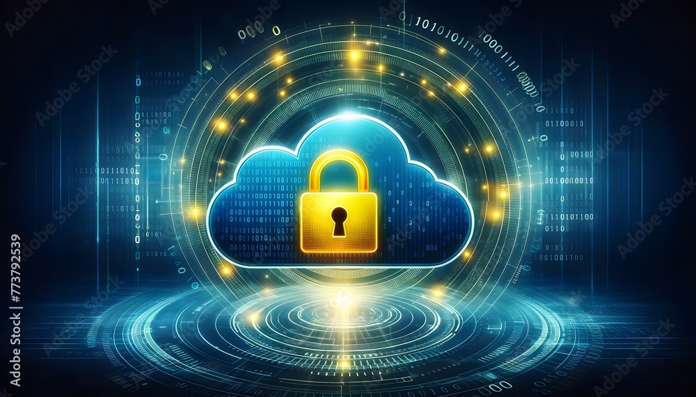a vibrant digital representation of a cloud computing concept with a glowing padlock symbol ...