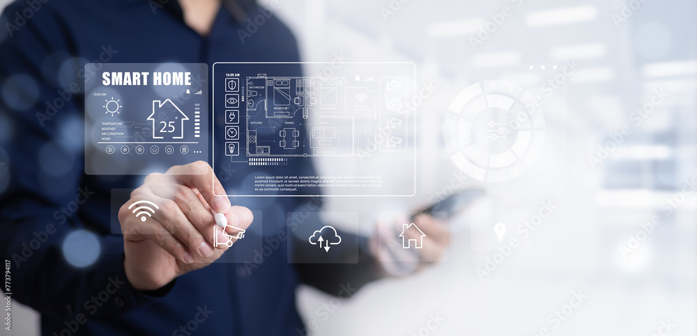 Hand using AI smart tablet with smart home app on the room, circular ...