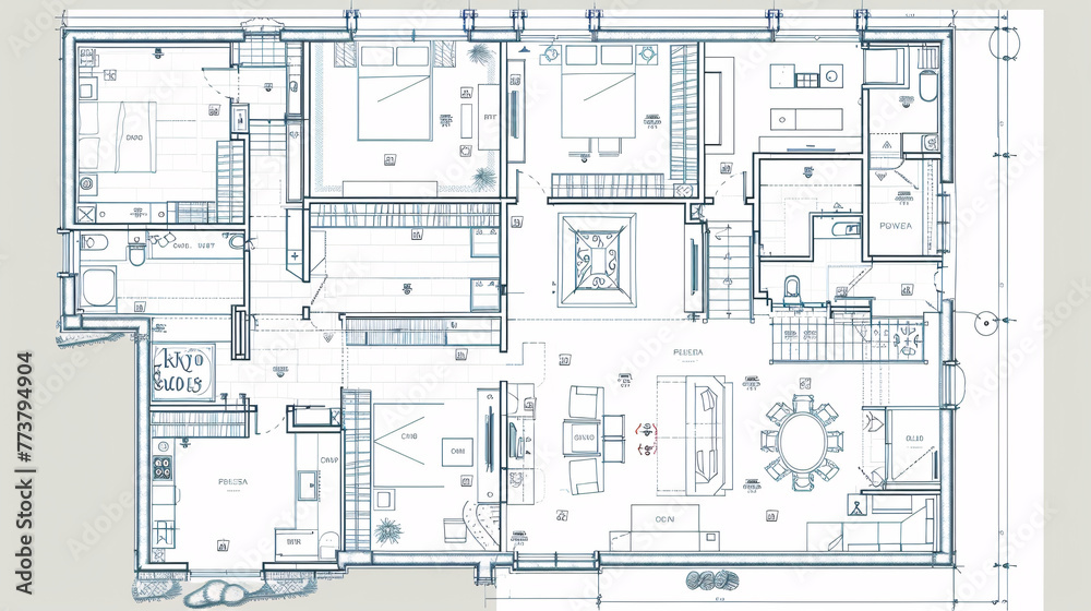 Overhead shot of a very detailed house blueprint, house plan with all ...