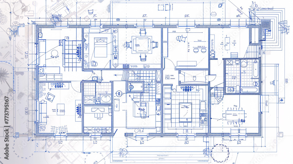 Overhead shot of a very detailed house blueprint, house plan with all ...