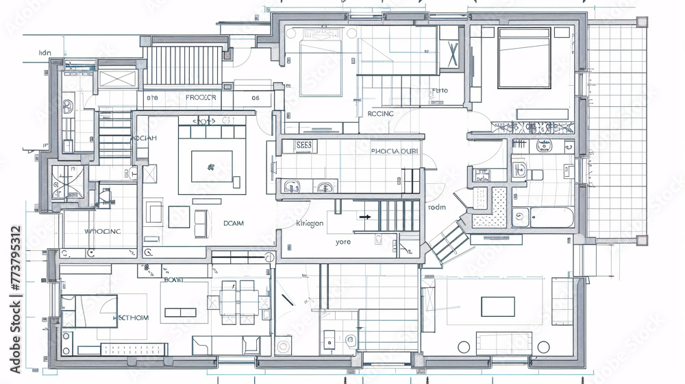 Overhead shot of a very detailed house blueprint, house plan with all ...
