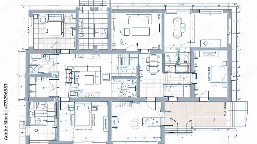 Overhead shot of a very detailed house blueprint, house plan with all ...