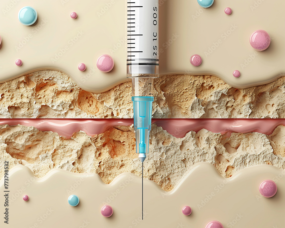 Conceptual image of a syringe alongside colorful pills superimposed ...