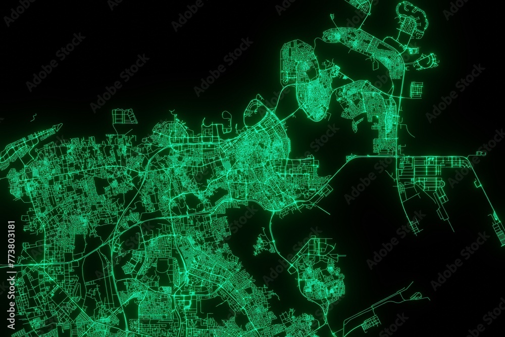 Map of the streets of Manama (Bahrain) made with green illumination and ...