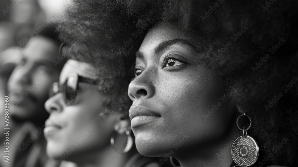 Side view of a stylish African American woman in a crowd with a focused ...