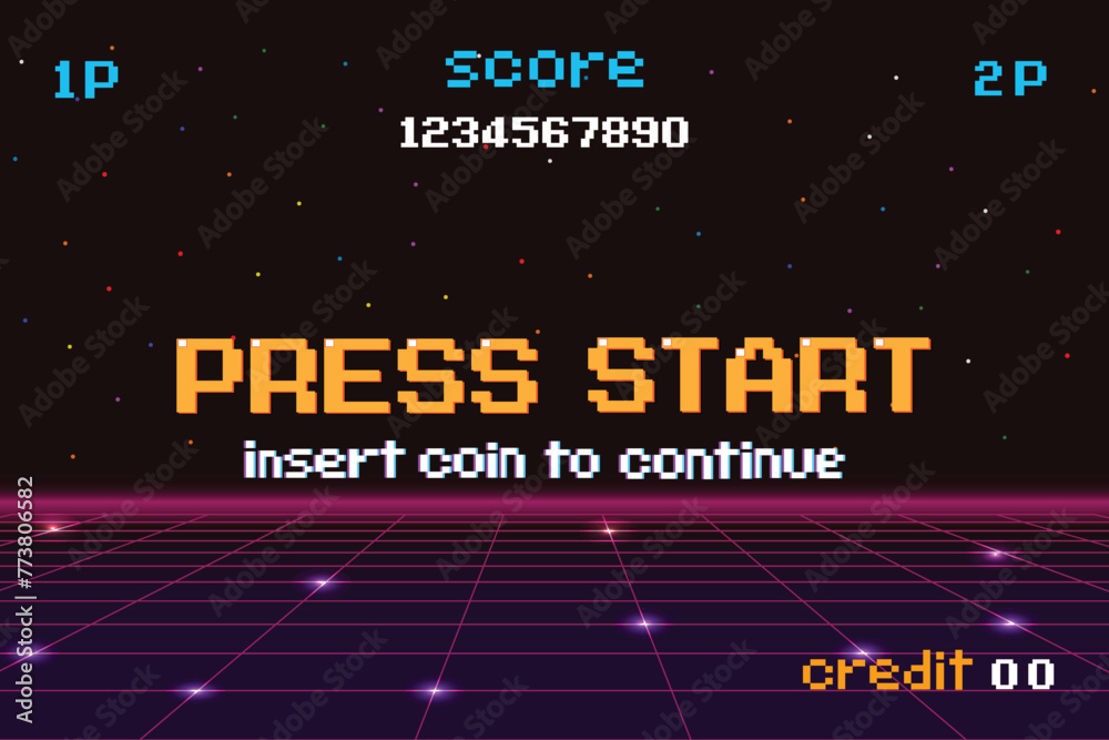 PRESS START INSERT A COIN TO CONTINUE .pixel art .8 bit game. retro ...