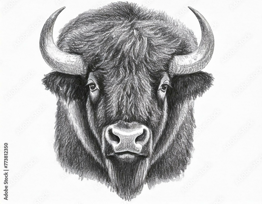 Pencil drawing of a large American bison isolated against a white ...