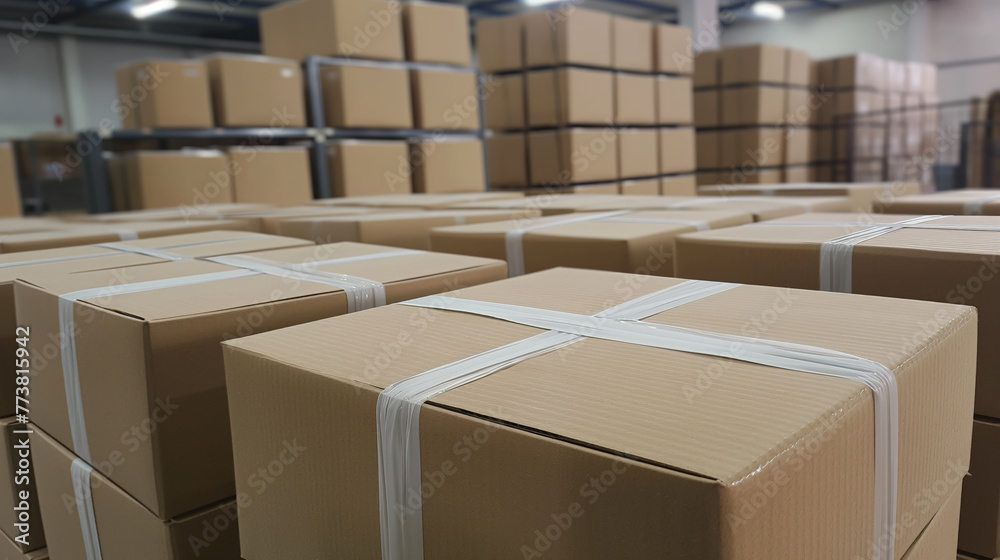 Various types and sizes of corrugated and packed boxes are stacked at a ...