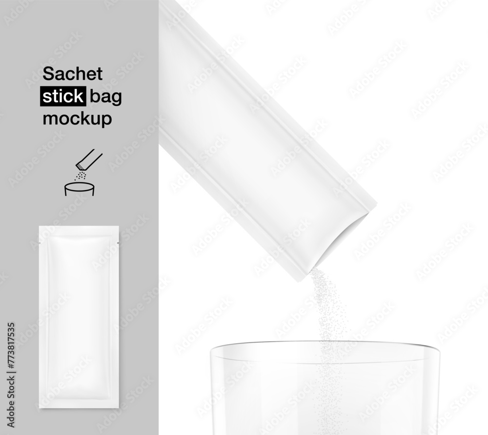 Sachet pack pouring powder product on clear glass. Vector illustration ...