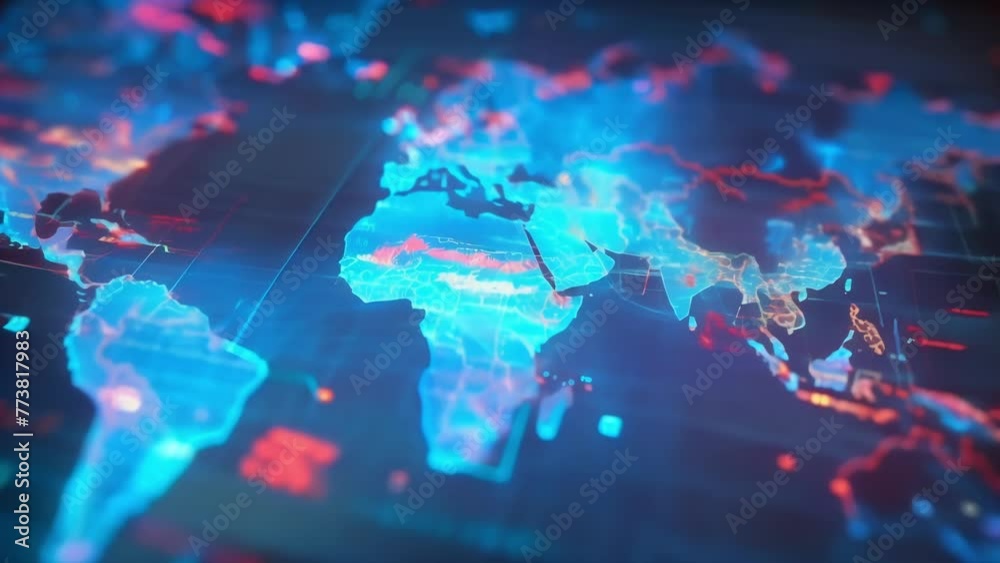 A dynamic display of a world map in blue and red colors, highlighting ...