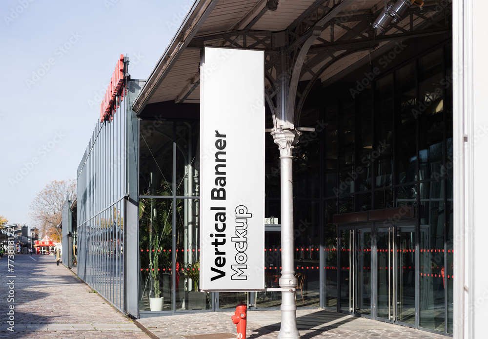 Mockup of customizable vertical banner outside building Stock Template ...