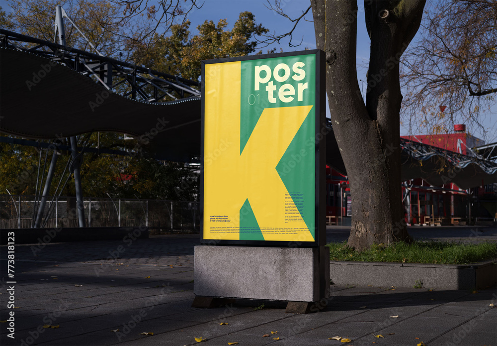 Mockup of customizable vertical sign by tree Stock Template | Adobe Stock