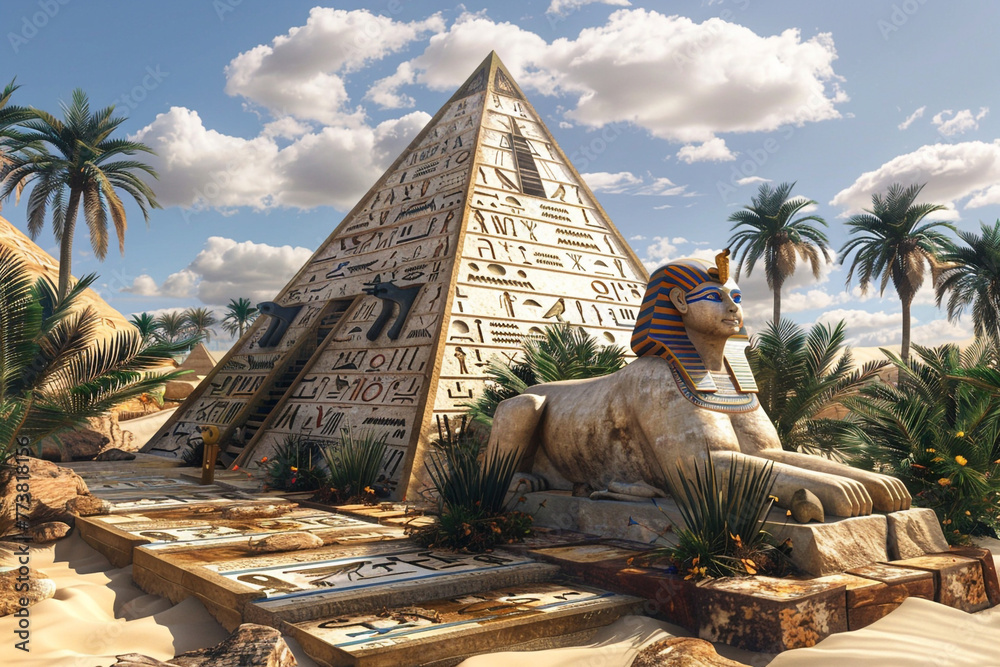 A detailed Egyptian pyramid house with hieroglyphic walls and a Sphinx ...