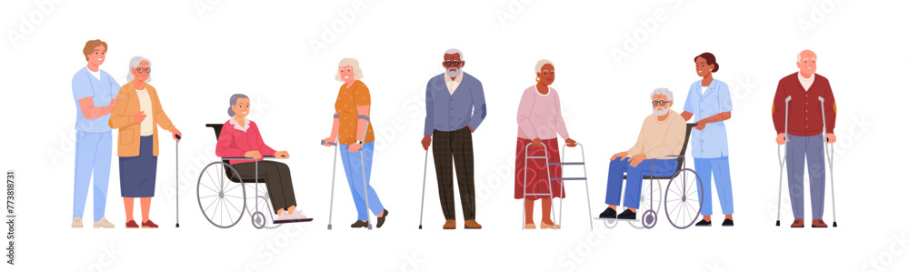 Aged people with assistive devices. Vector illustration in cartoon flat ...
