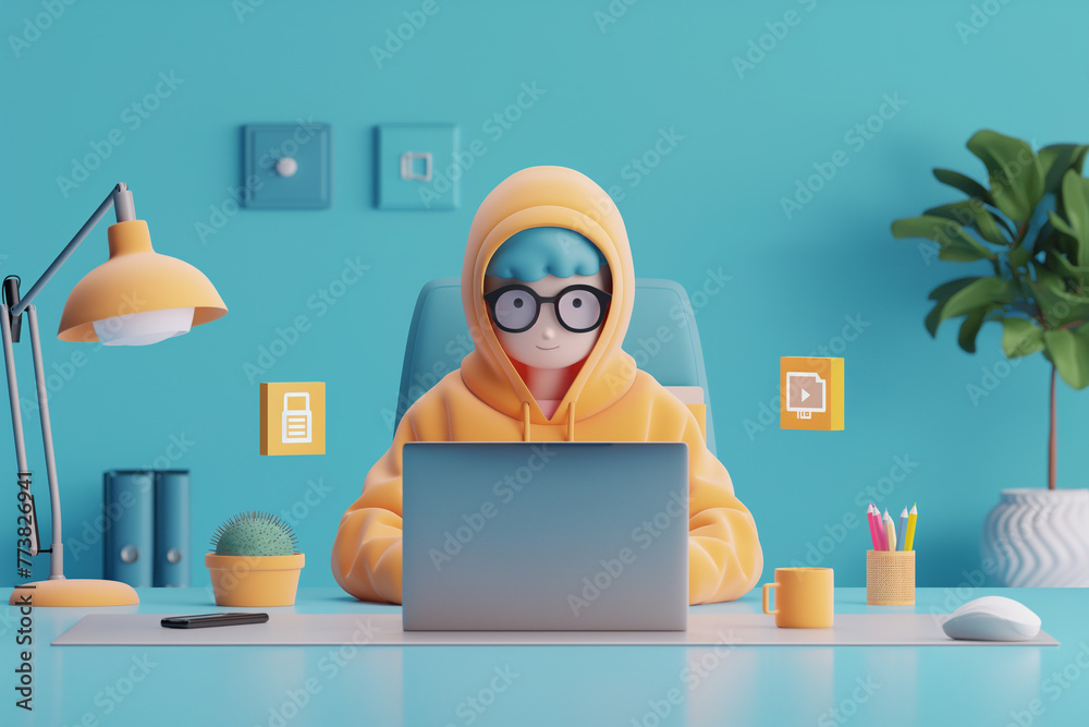 3D cute cartoon character developer in front of the laptop. 3D room ...