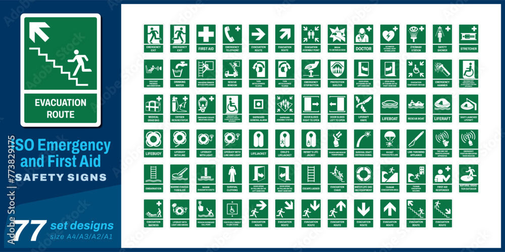 Vetor de 77 set iso emergency and first aid safety signs size a4/a3/a2 ...