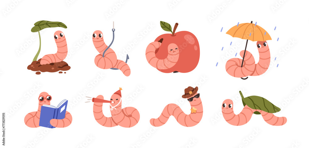 Cute worms set. Funny comic kawaii earthworms in apple, under umbrella ...