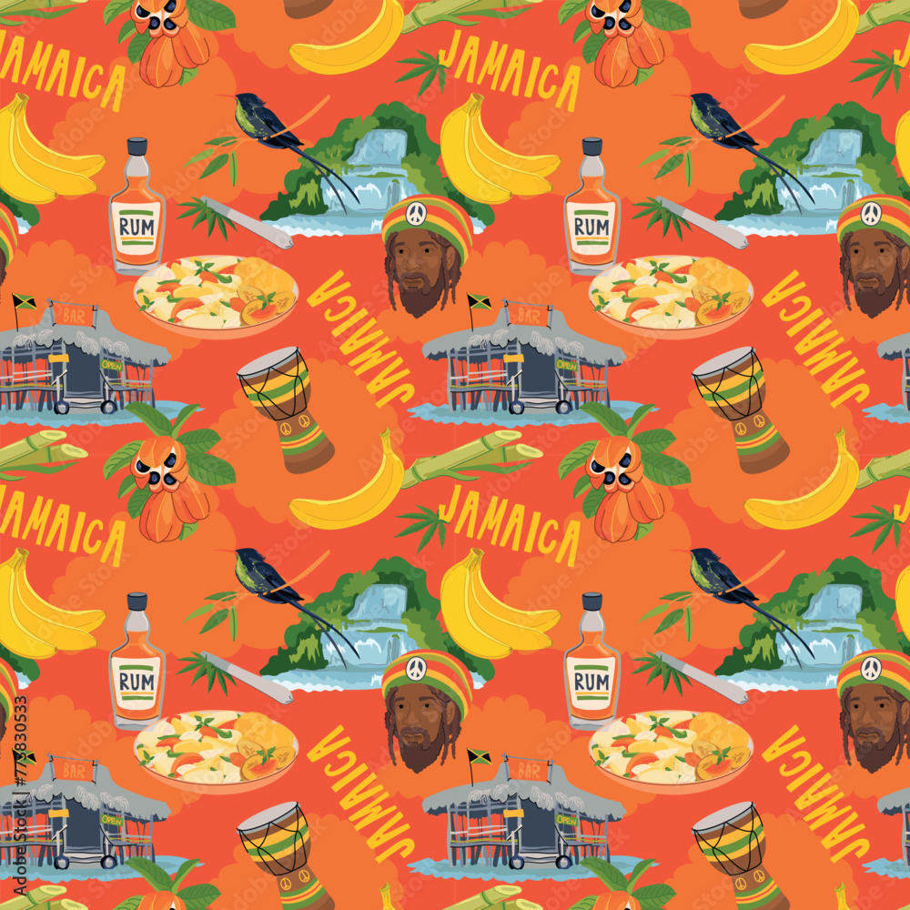 Seamless pattern in Rasta colors. Jamaican vector pattern. Rum, ackee ...