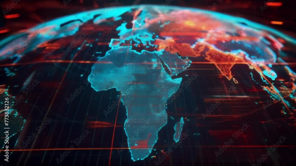 A dynamic visualization of a world map in blue and red hues on a black ...