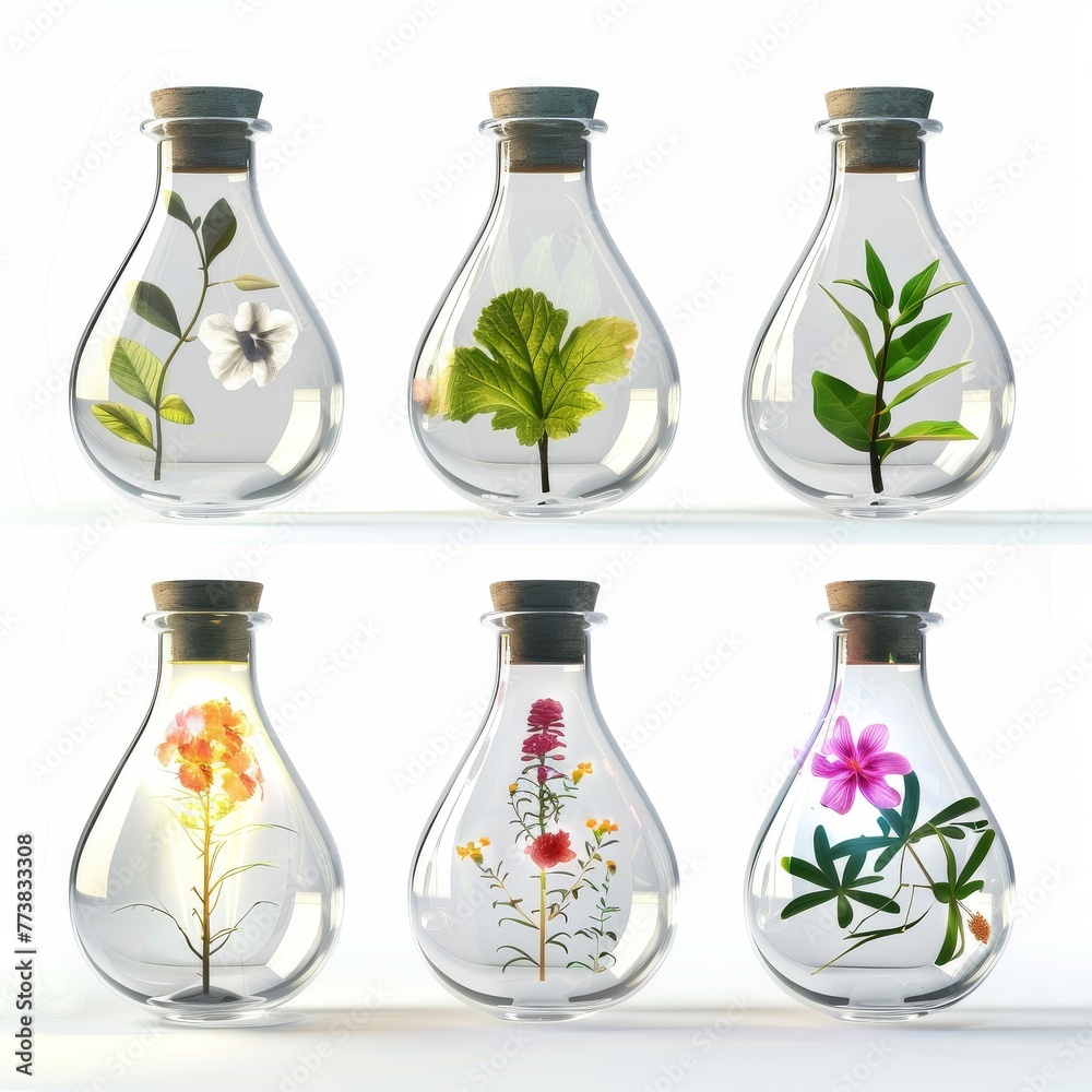 2D asset element of a series of botanical lab flasks, each with a ...