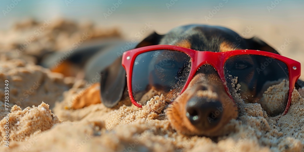 beautiful dog of dachshund, black and tan, buried in the sand at the ...