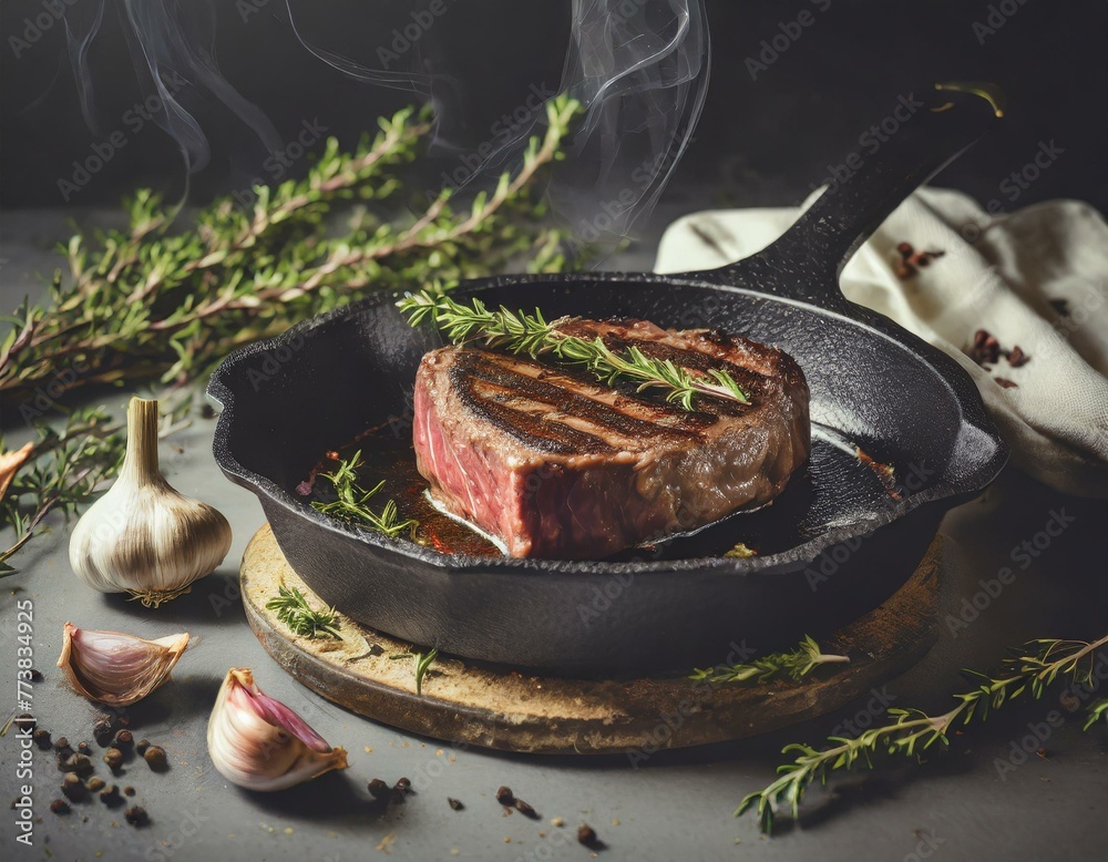 A steak sizzling in a cast iron skillet, the fat rendering and crisping ...