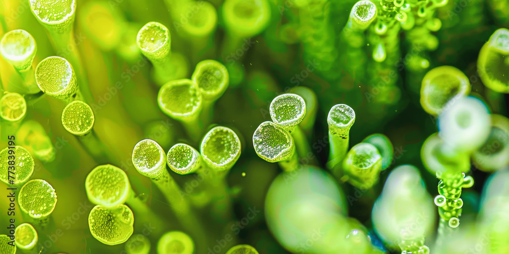 Close-up of chlorophyll-rich green plant cells with visible ...