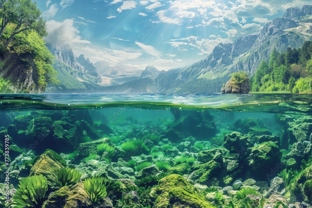Underwater Freshwater Landscape of Lake Ecosystem in Summer: Aquatic ...