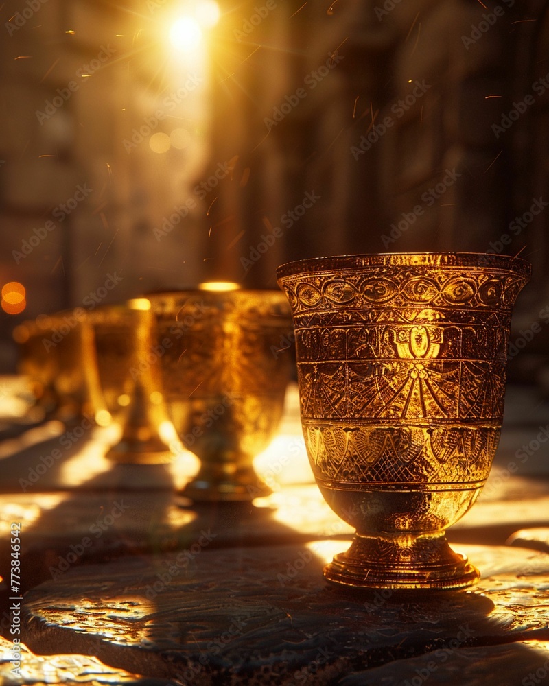 Ancient Egyptian, Aged Gold, Intricate engravings, Cups embodying the ...