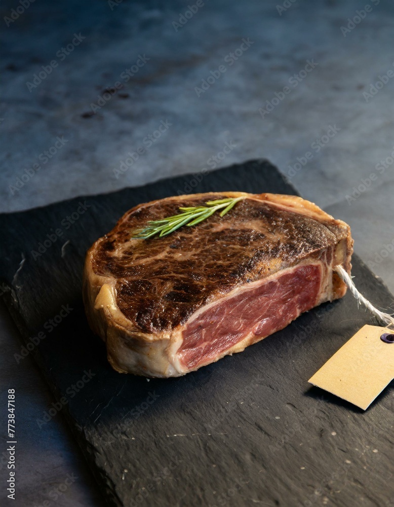 An aged steak on a dark slate, its dry-aged crust visible, and a tag ...
