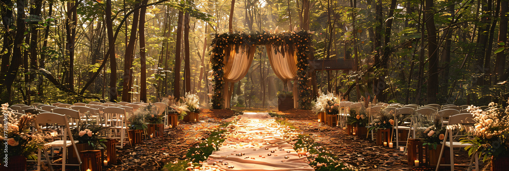 Forest wedding ceremony setup with white chairs and floral archway ...