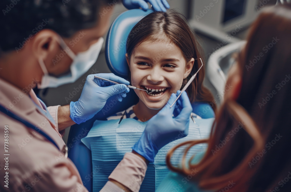 Dental treatment for children, a little girl smiling in the dentist's ...