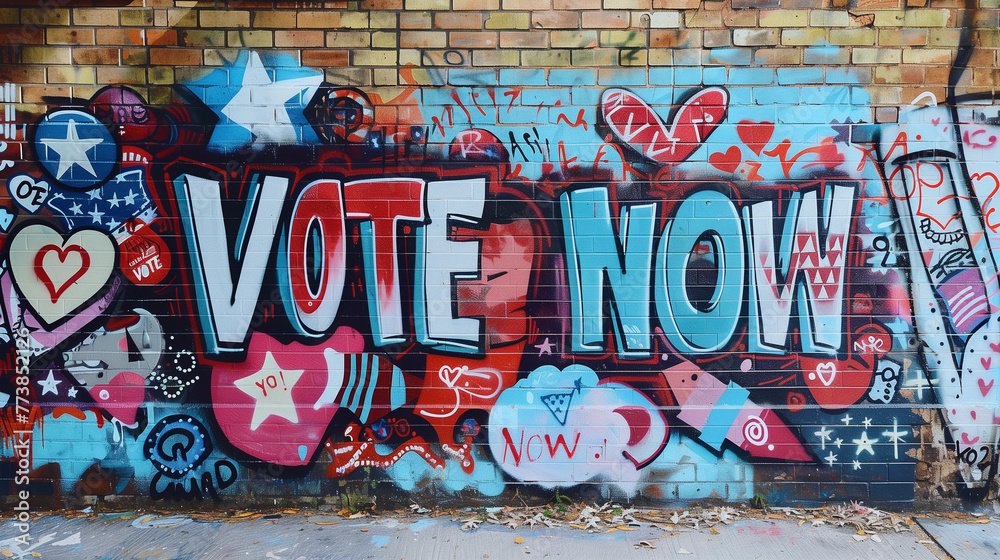 Graffiti wall art Vote now brick wall red white blue star heart US flag ...