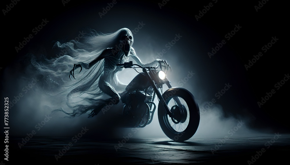 an illustration of a screaming evil banshee at night riding a ...