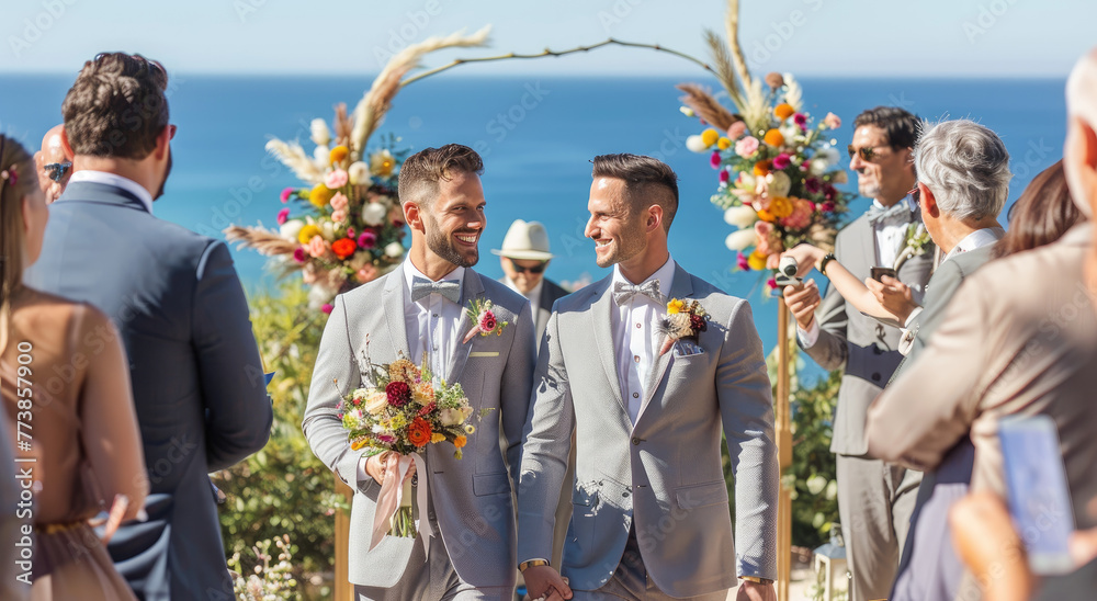 two handsome muscular men in wedding suits walking down the aisle ...