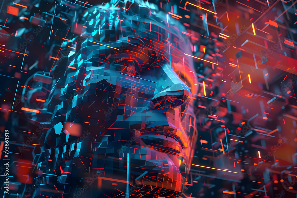 A striking digital art piece capturing a human face dissolving into an array of glowing data ...