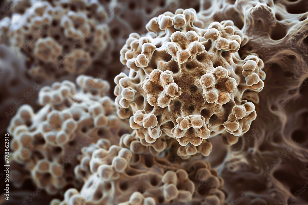 Human papillomavirus (HPV), magnified under a powerful electron microscope. The surrounding ...