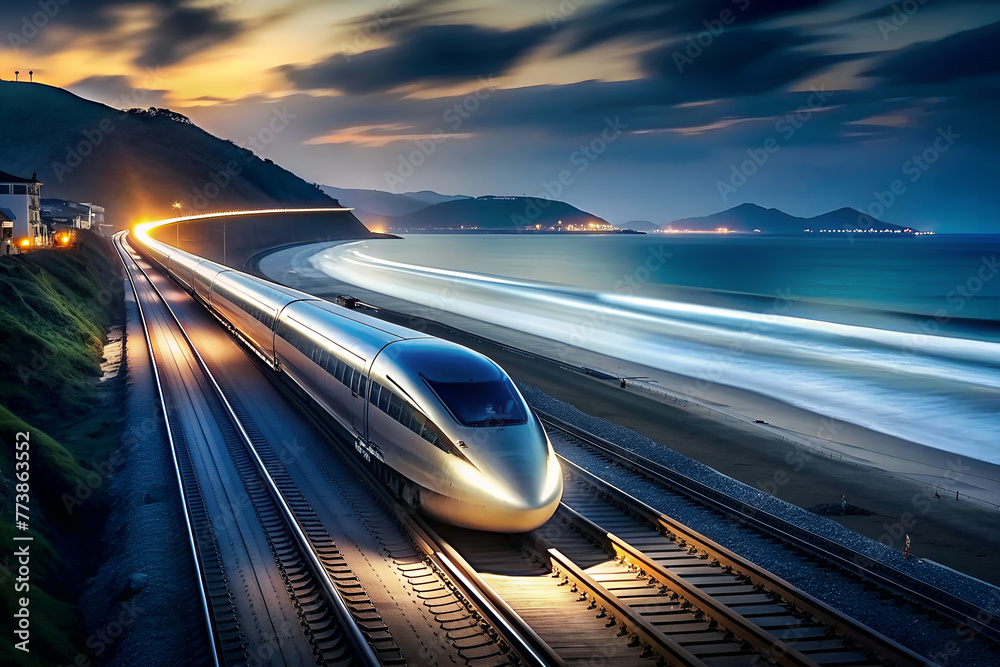 night scene of bullet train overtaking, dynamic motion effect ...