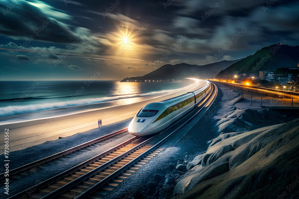 night scene of bullet train overtaking, dynamic motion effect ...