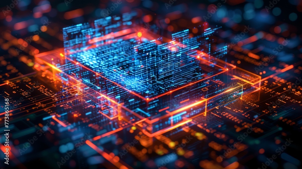 A computer chip with a blue and orange design. The blue and orange ...