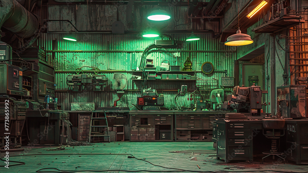 A dimly lit, high-tech workbench where advanced AIs upgrade themselves ...