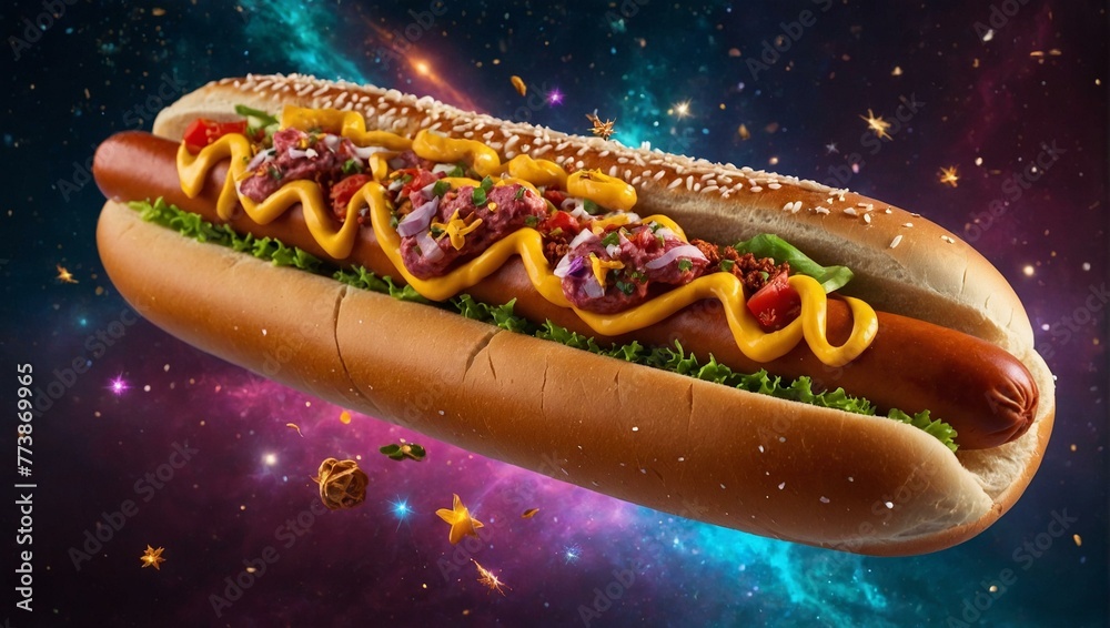 Deliciously dressed hot dog with mustard and relish floating in a ...