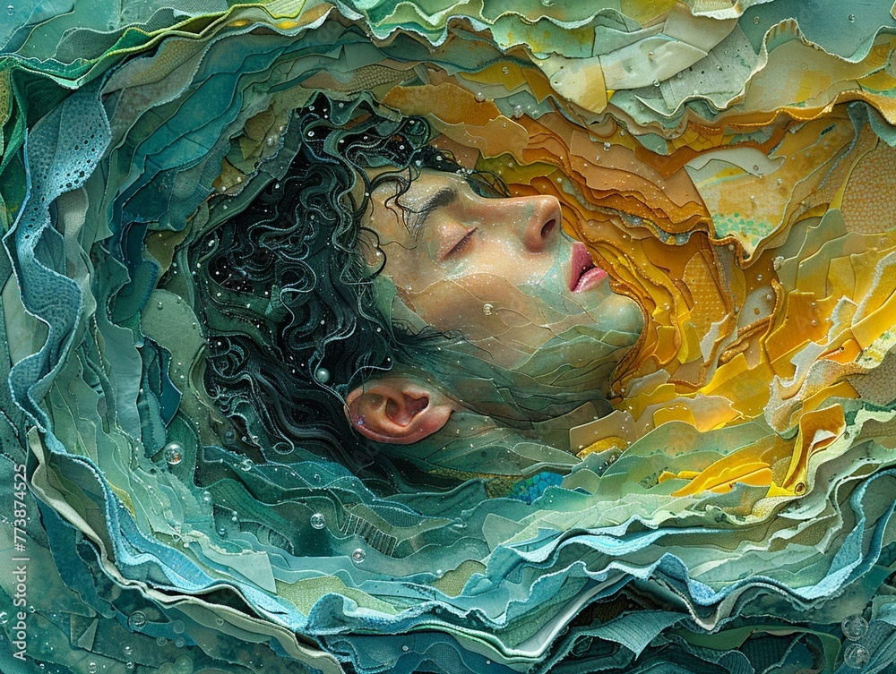Collage-style artwork depicting a person drowning in a sea of thoughts ...