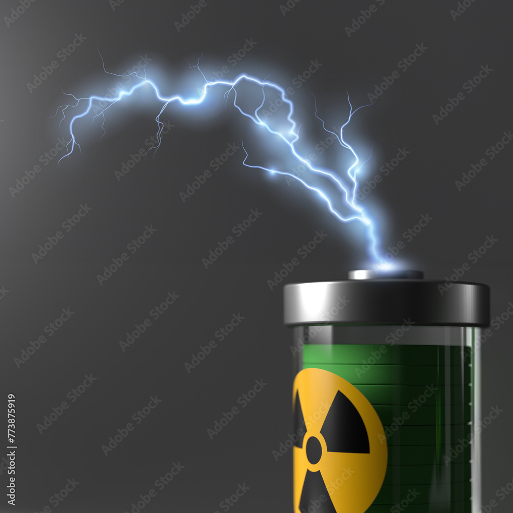 Nuclear battery with radiation sign on dark background with lightening ...