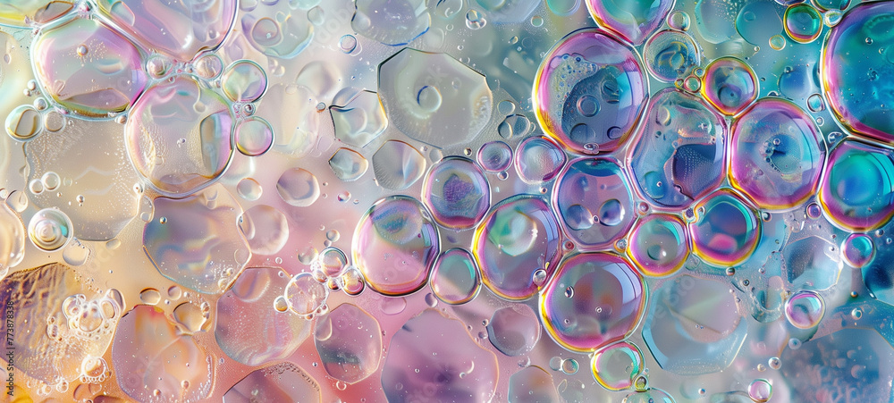 Top view texture of iridescent soap bubbles clinging to a surface ...