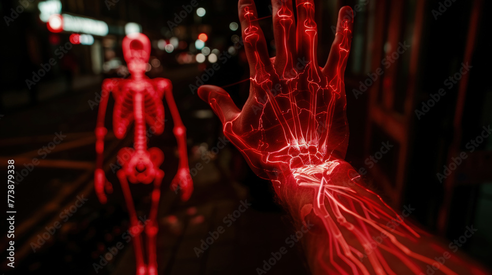 Holographic projection of human anatomy in red illuminates a dark city ...