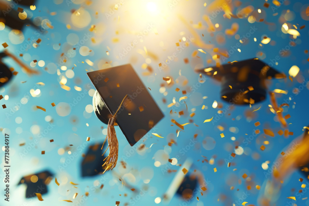 Graduation cap floating in the sky with confetti, graduation theme ...