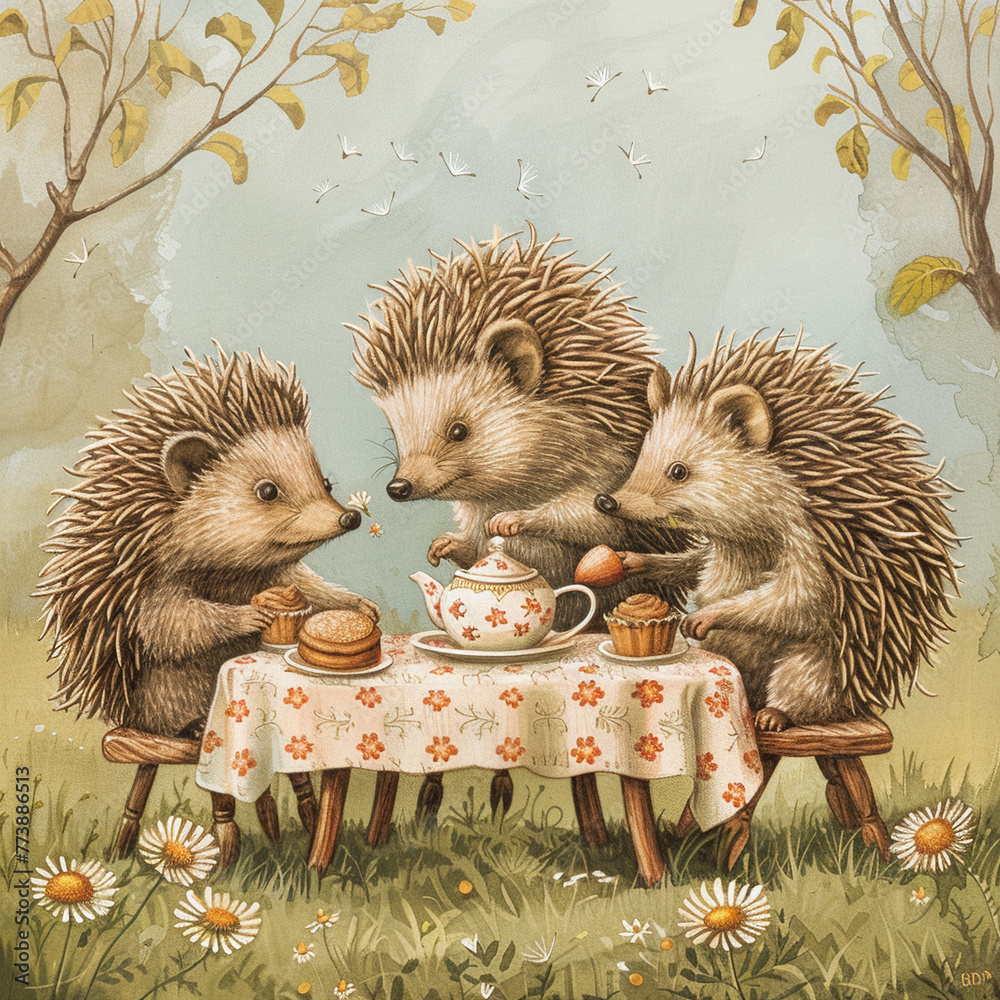 Classic children's book illustration of a whimsical tea party hosted by ...