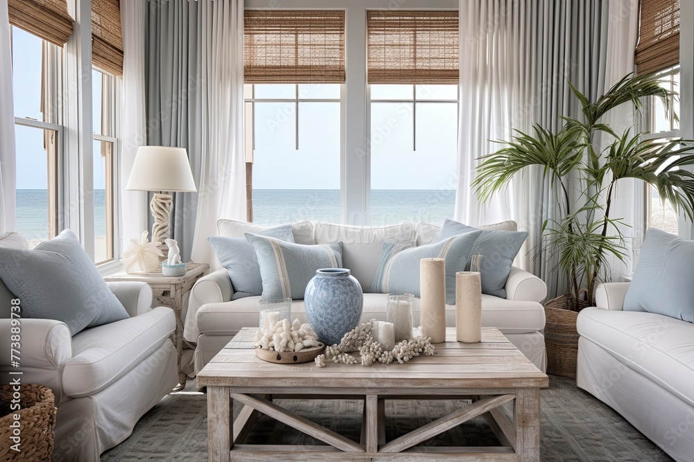 Seashell Decor: Coastal Cottage Living Room Ideas with Breezy Window ...