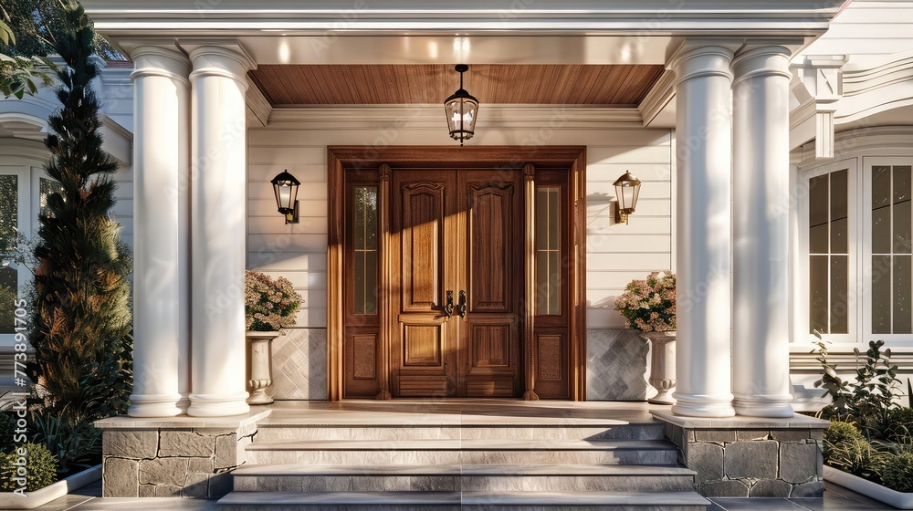 Main entrance door in house. Wooden front door with gabled porch and ...